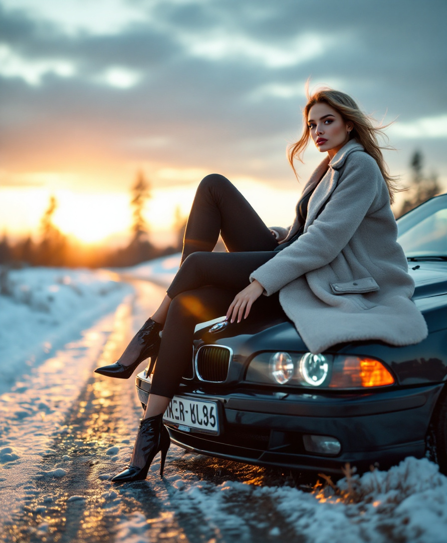 FLUX prompt: A sleek BMW E39 gleams under the soft, golde...
