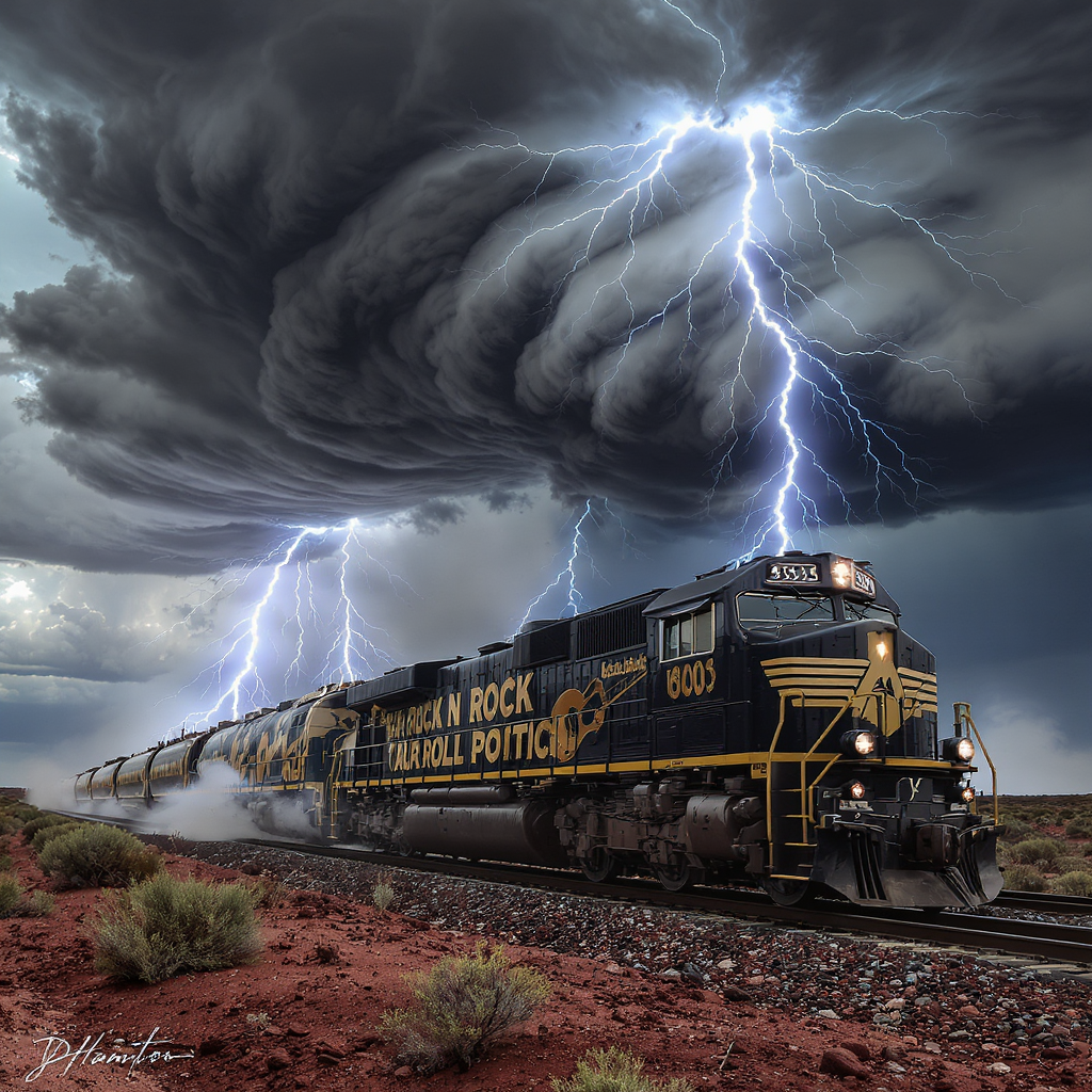 FLUX prompt: Hard Rock n Roll Train, Putting Corrupt Poli...