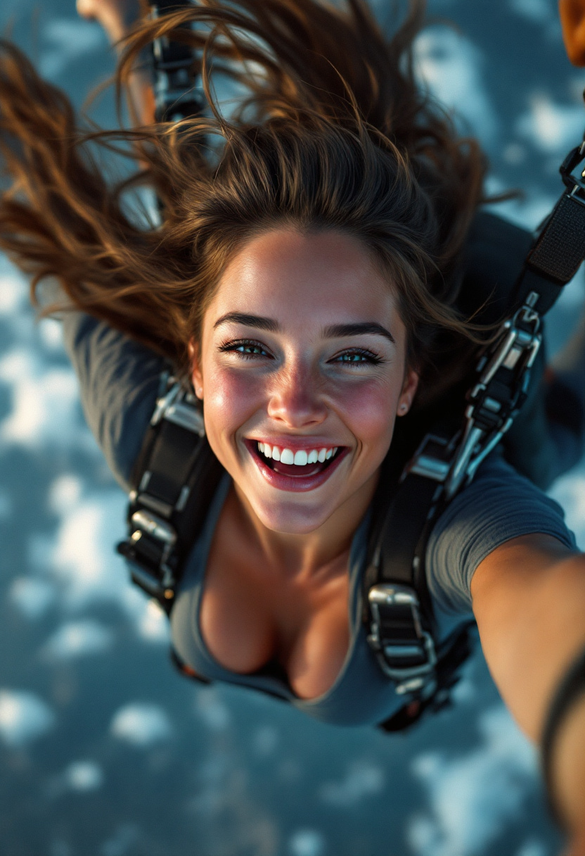 FLUX prompt: Go back female parachutist, jumping from pl...