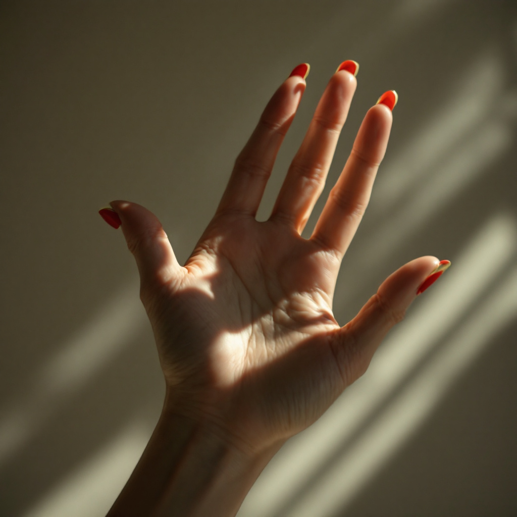 FLUX prompt: elegant female hand, side view reaching up.