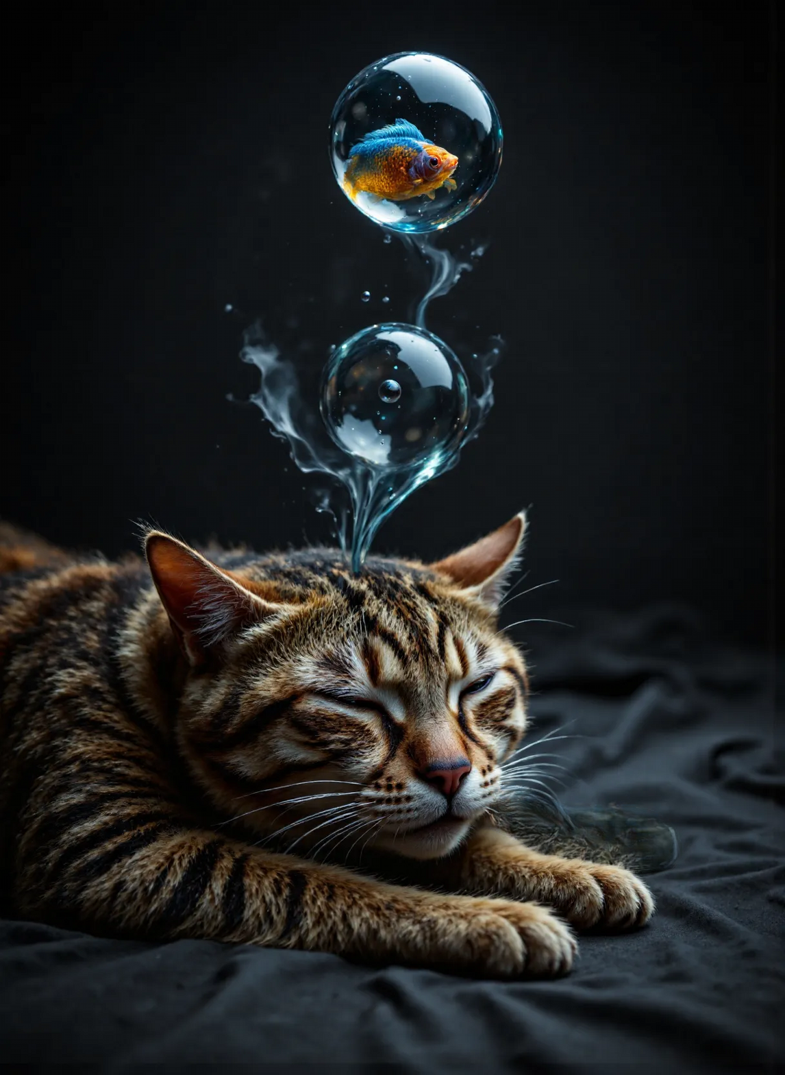 FLUX prompt: The image depicts a cat lying down with its ...