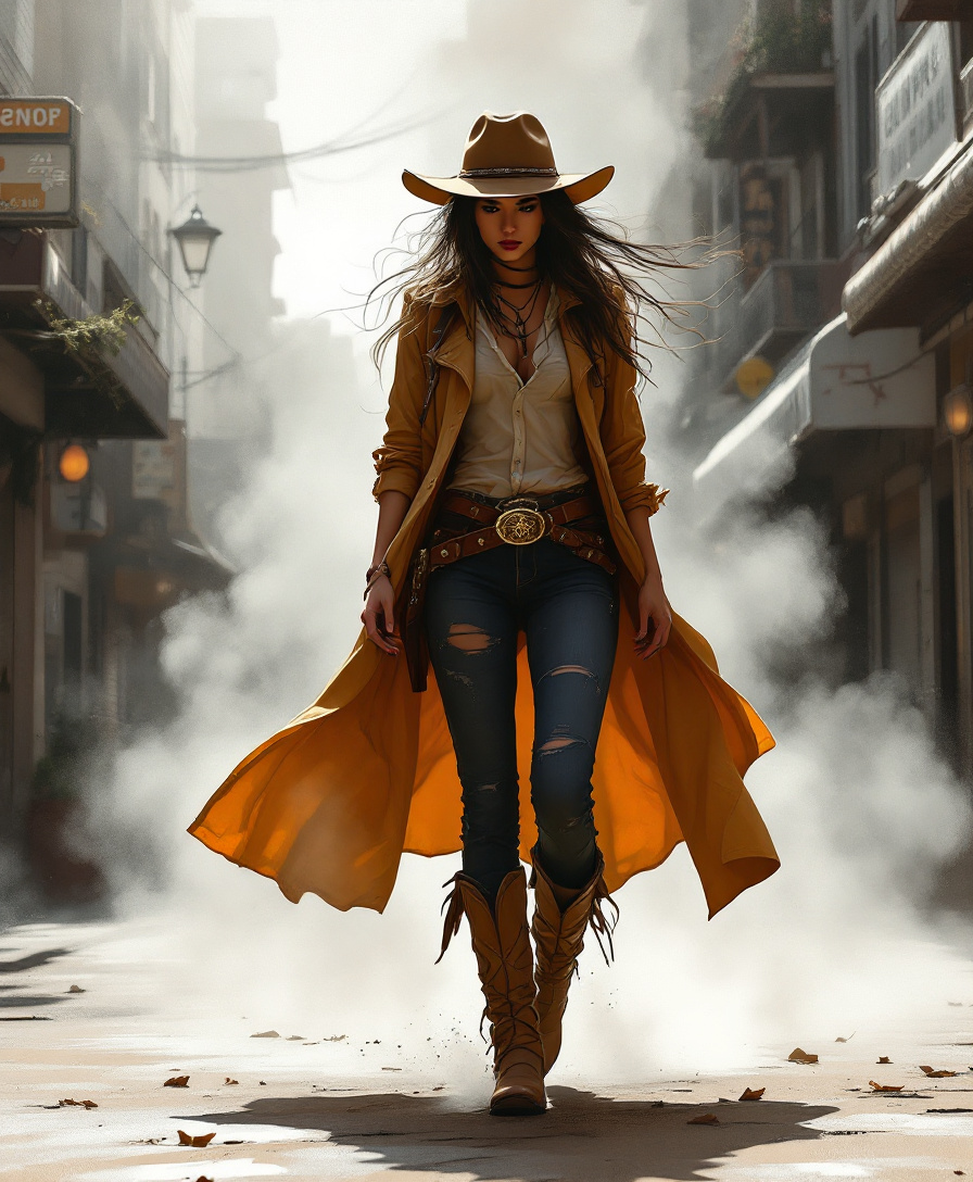 FLUX prompt: Urban cowgirl painting, full body, walking o...