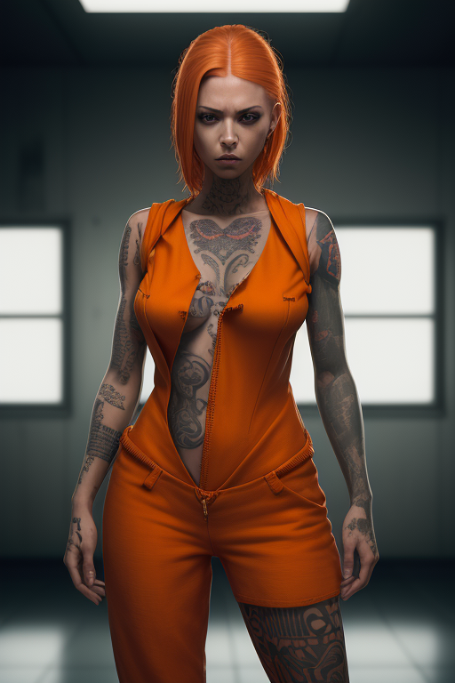 DreamShaper prompt: female prisoner, prison, orange suit,...