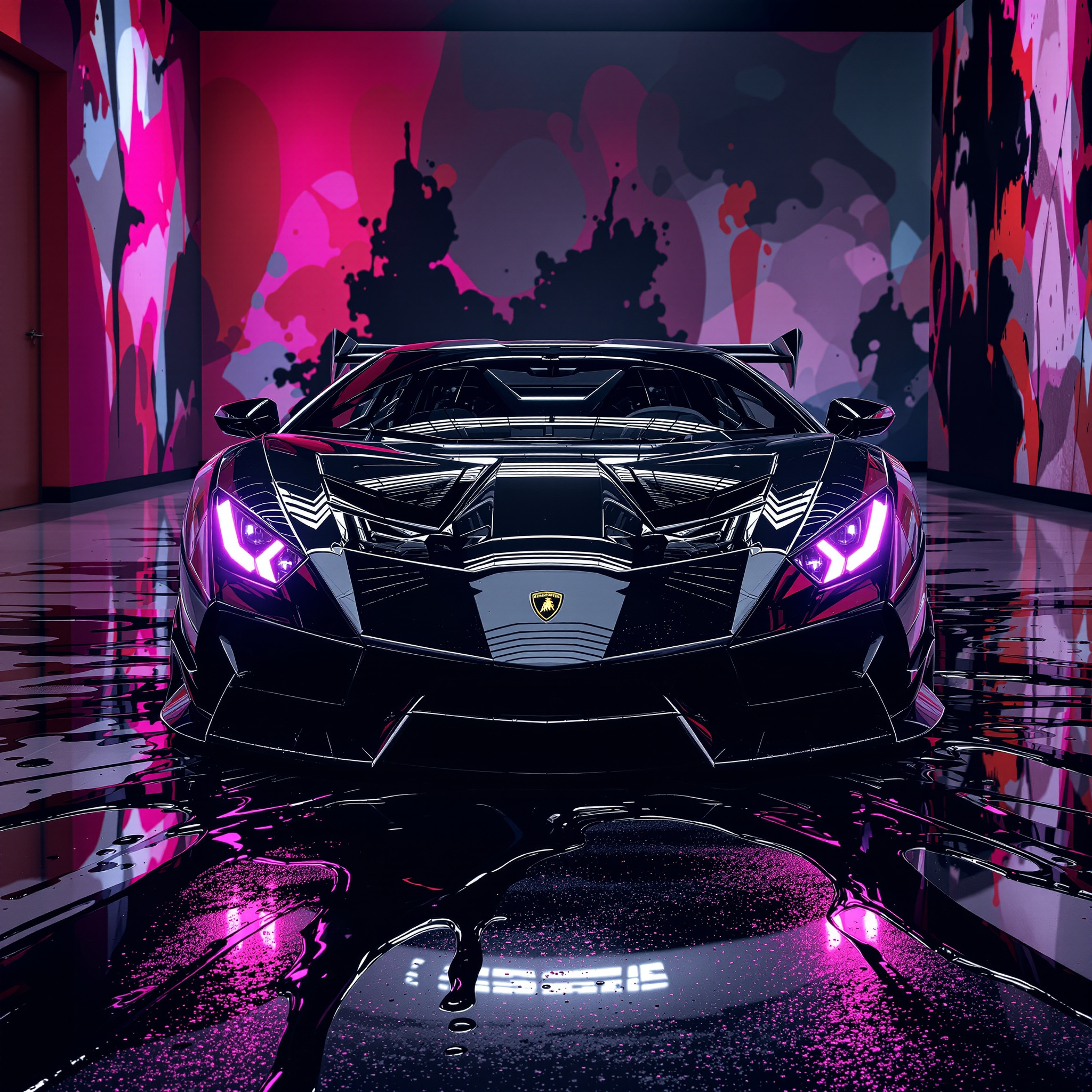 FLUX prompt: front view of a super glossy shiny black sym...