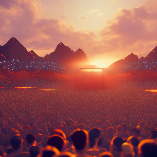 Openjourney prompt: Concert stage at sunset high energy ...