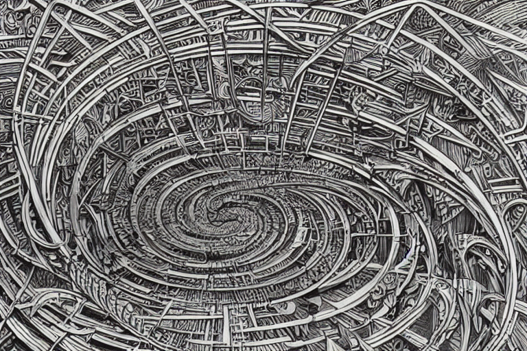 Stable Diffusion prompt: Drawing by M. C. Escher of a per...