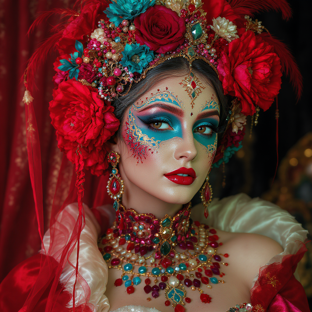 FLUX prompt: beautiful red, blue and gold makeup on a wom...