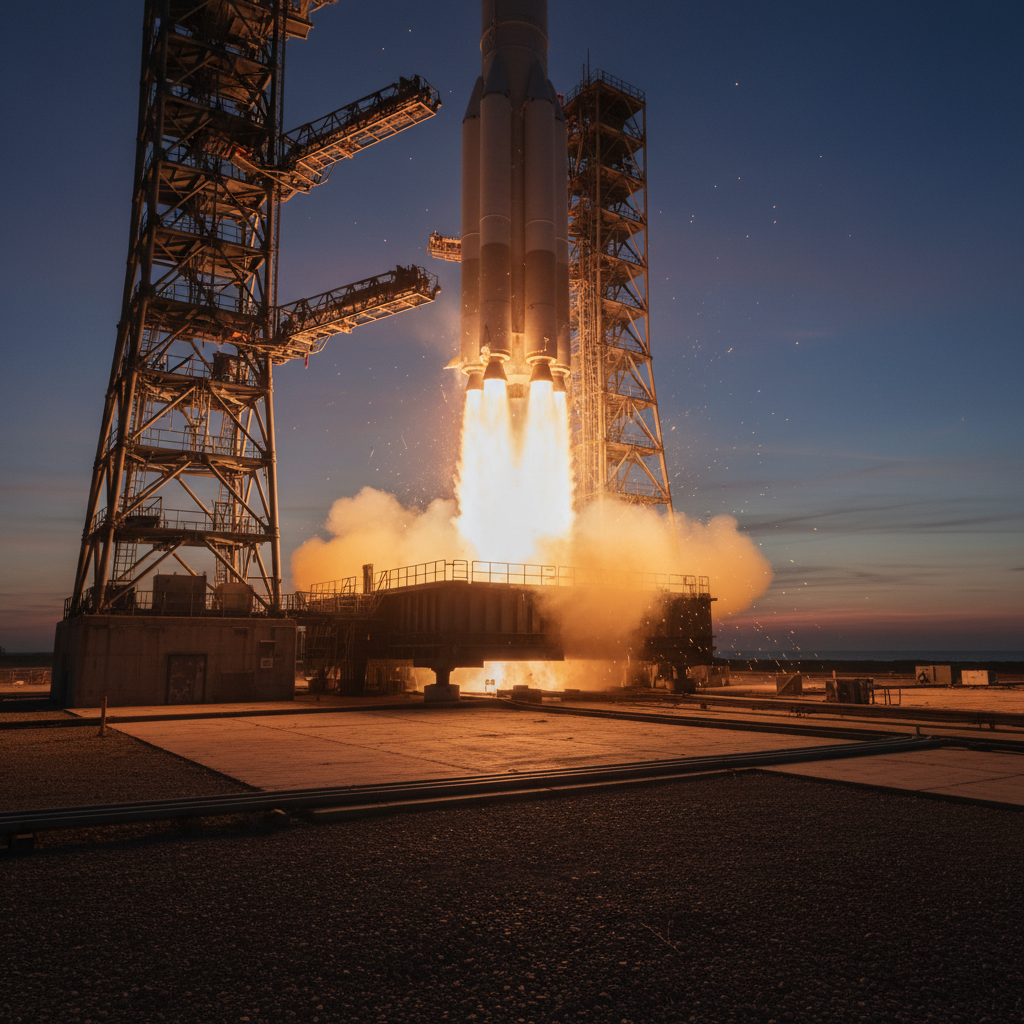 Nano Banana prompt: "A satellite launch pad — ground-leve...