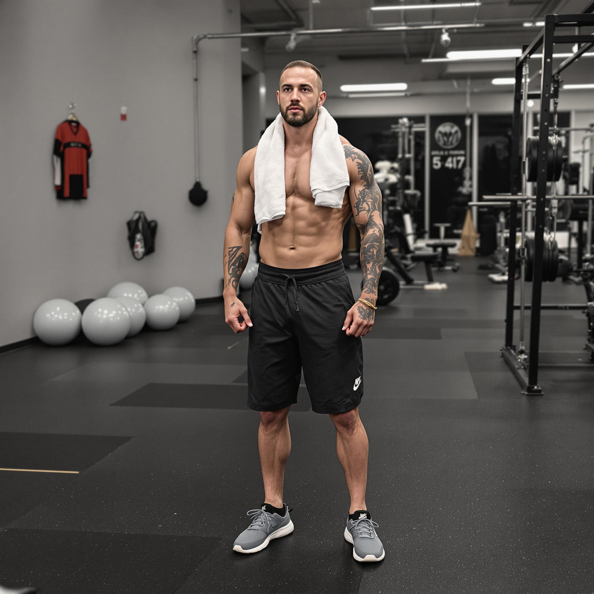 FLUX prompt: man at the gym with towel around neck, gym c...