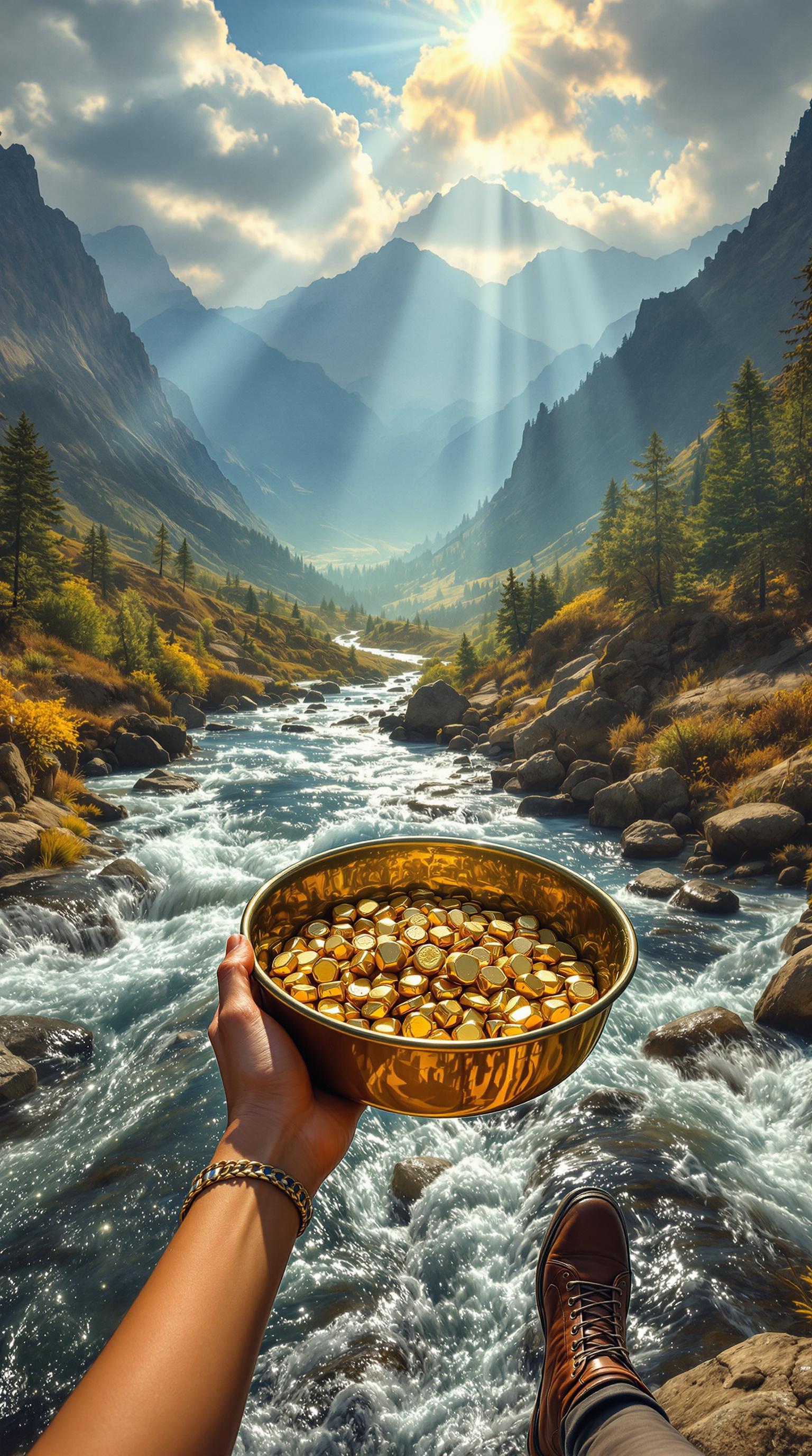 FLUX prompt: first person girl POV, hands holding gold p...