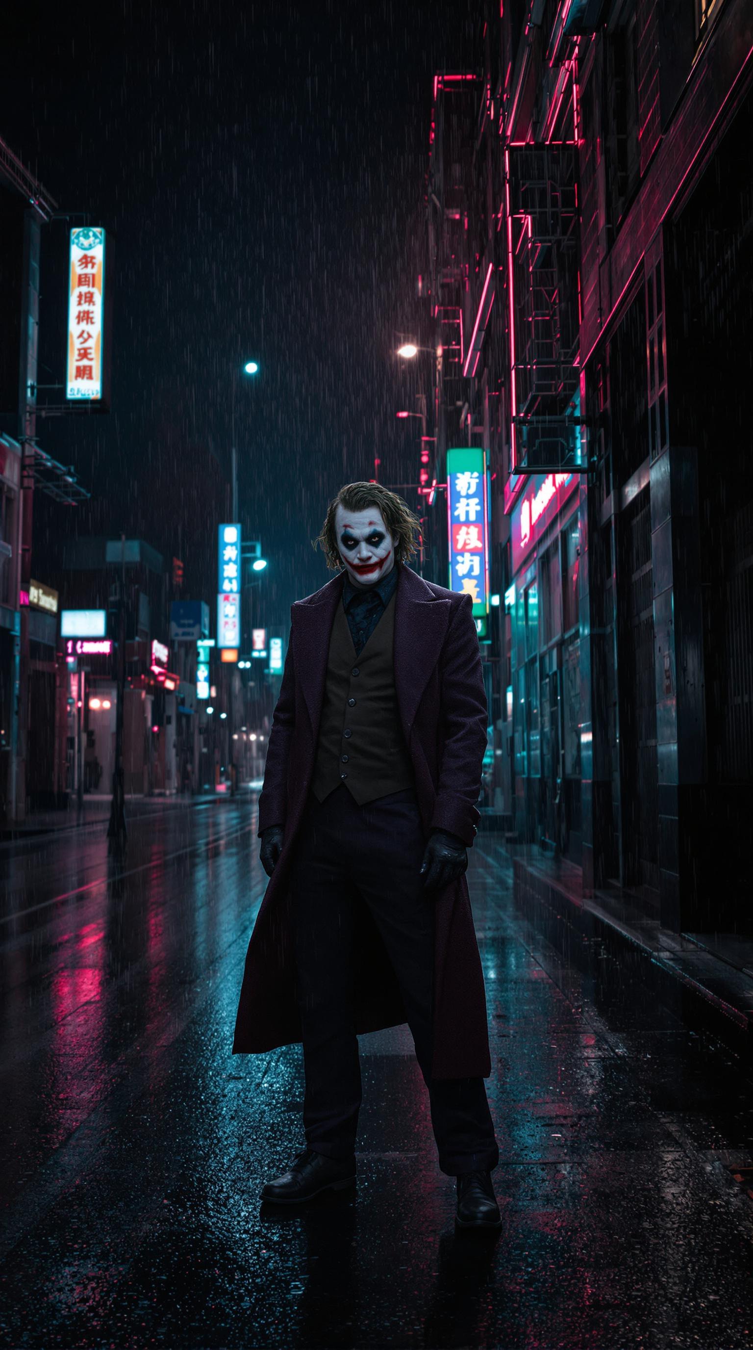 FLUX prompt: The joker from batman Posing In dark rainy D...