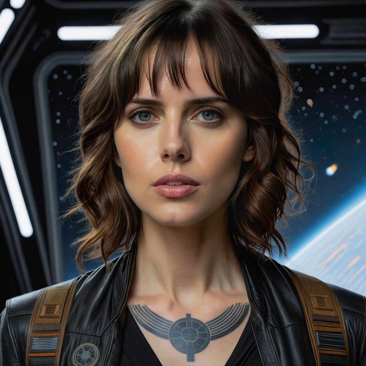 Stable Diffusion prompt: Felicity jones Jyn erso ((tattoo...