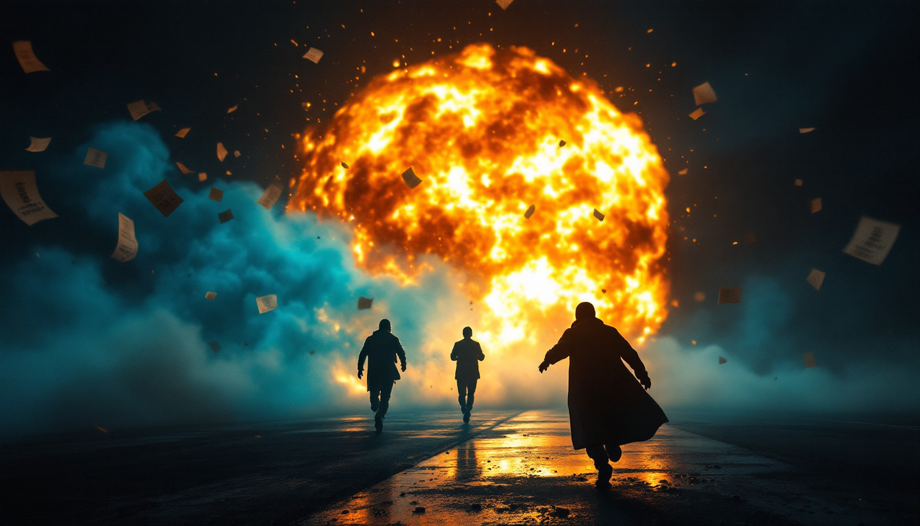 FLUX prompt: Top-secret lab explosion at night, papers wi...