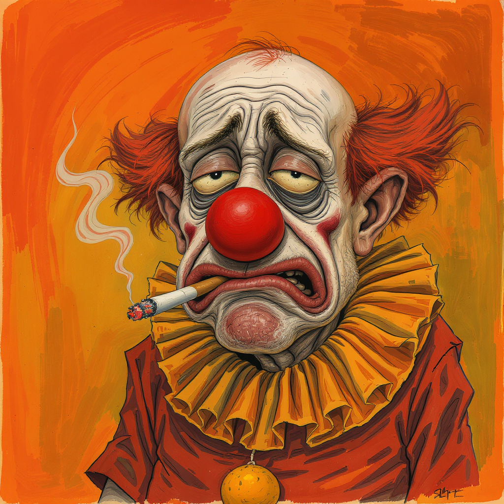 FLUX prompt: funny caricature, disheveled clown character...