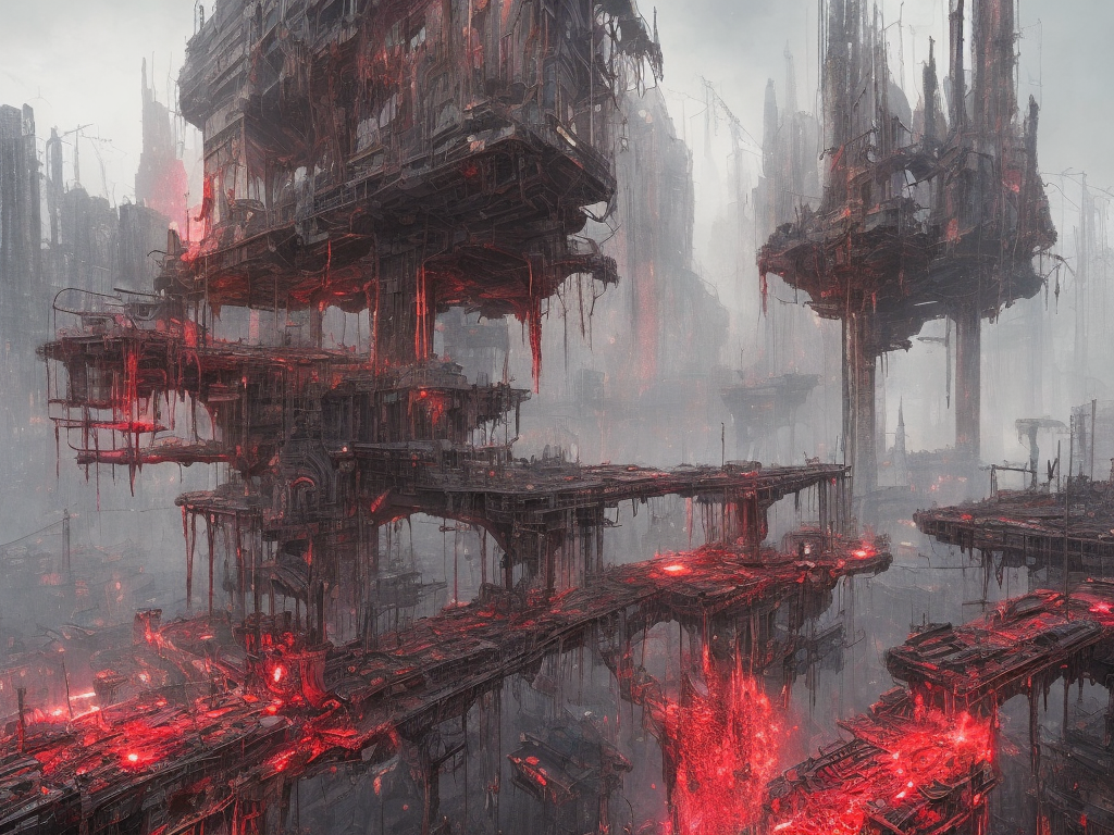 Openjourney prompt: post apocalyptic CITY MADE OF blood a...
