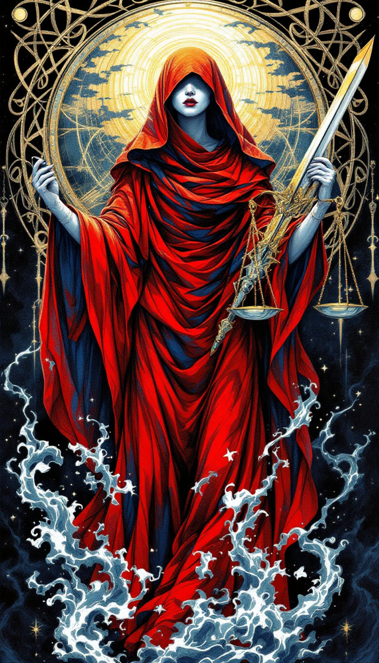 FLUX prompt: "Blind Justice in Crimson Majesty": A majest...