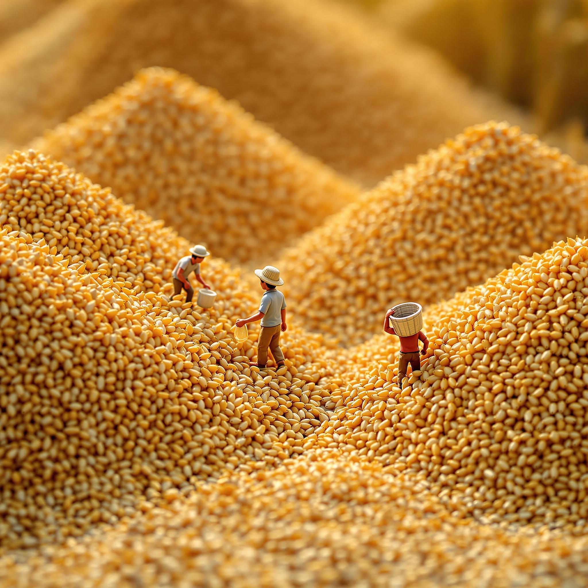 FLUX prompt: Miniature scenes of wheat harvesting, grain ...