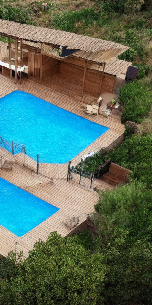 Stable Diffusion prompt: A wooden house with pool and Dec...