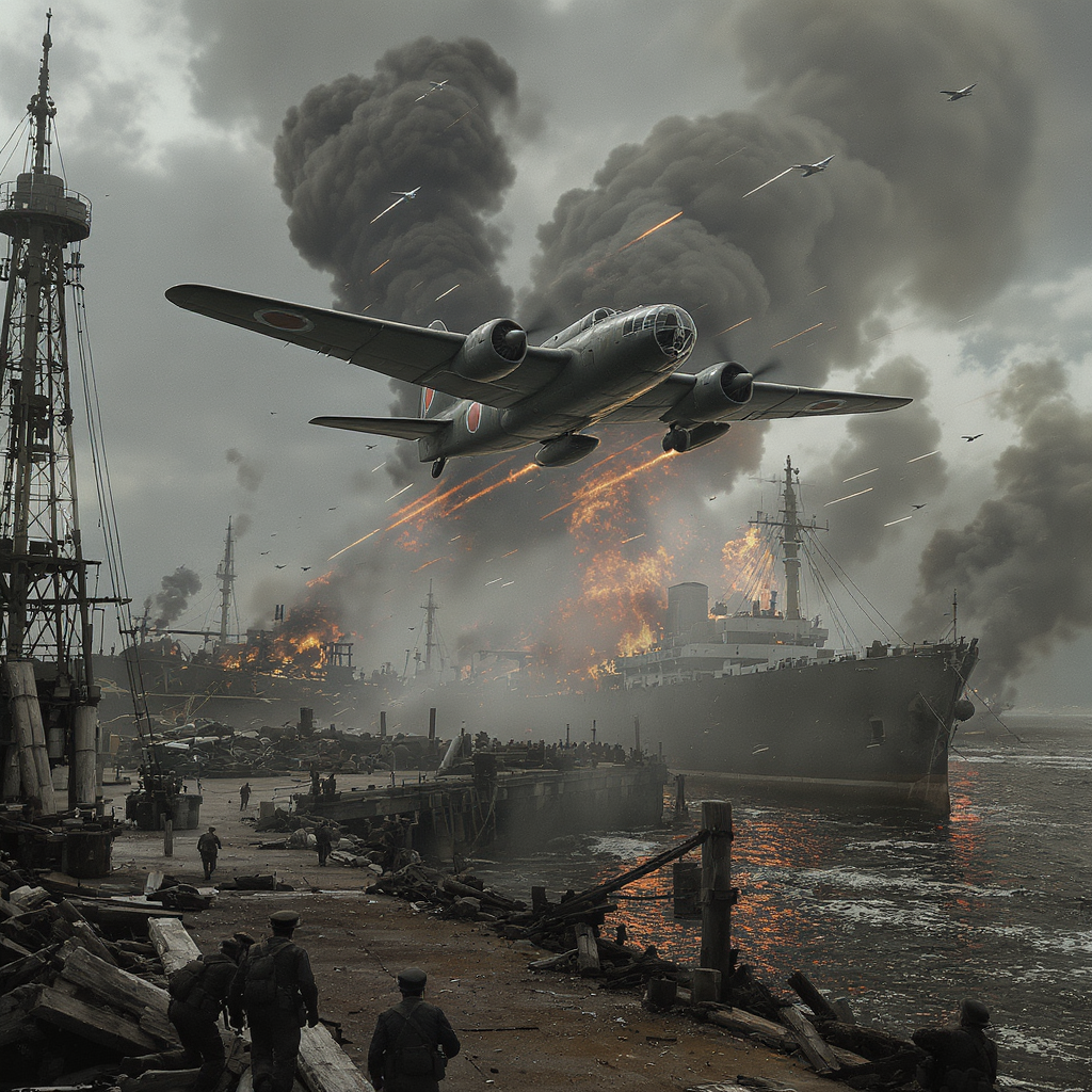 FLUX prompt: The Japanese Bombing of Darwin. The camera m...