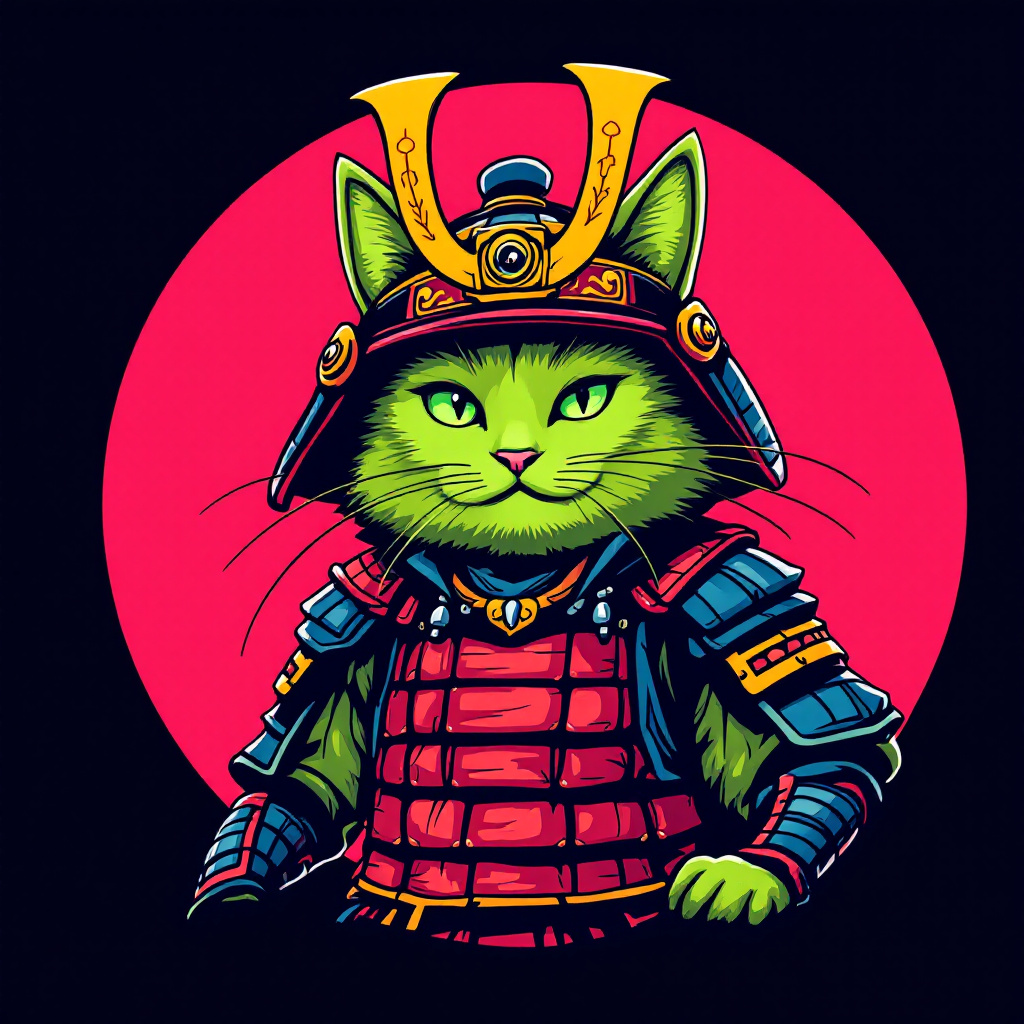 FLUX prompt: a chartreuse cat in an samurai armor which h...