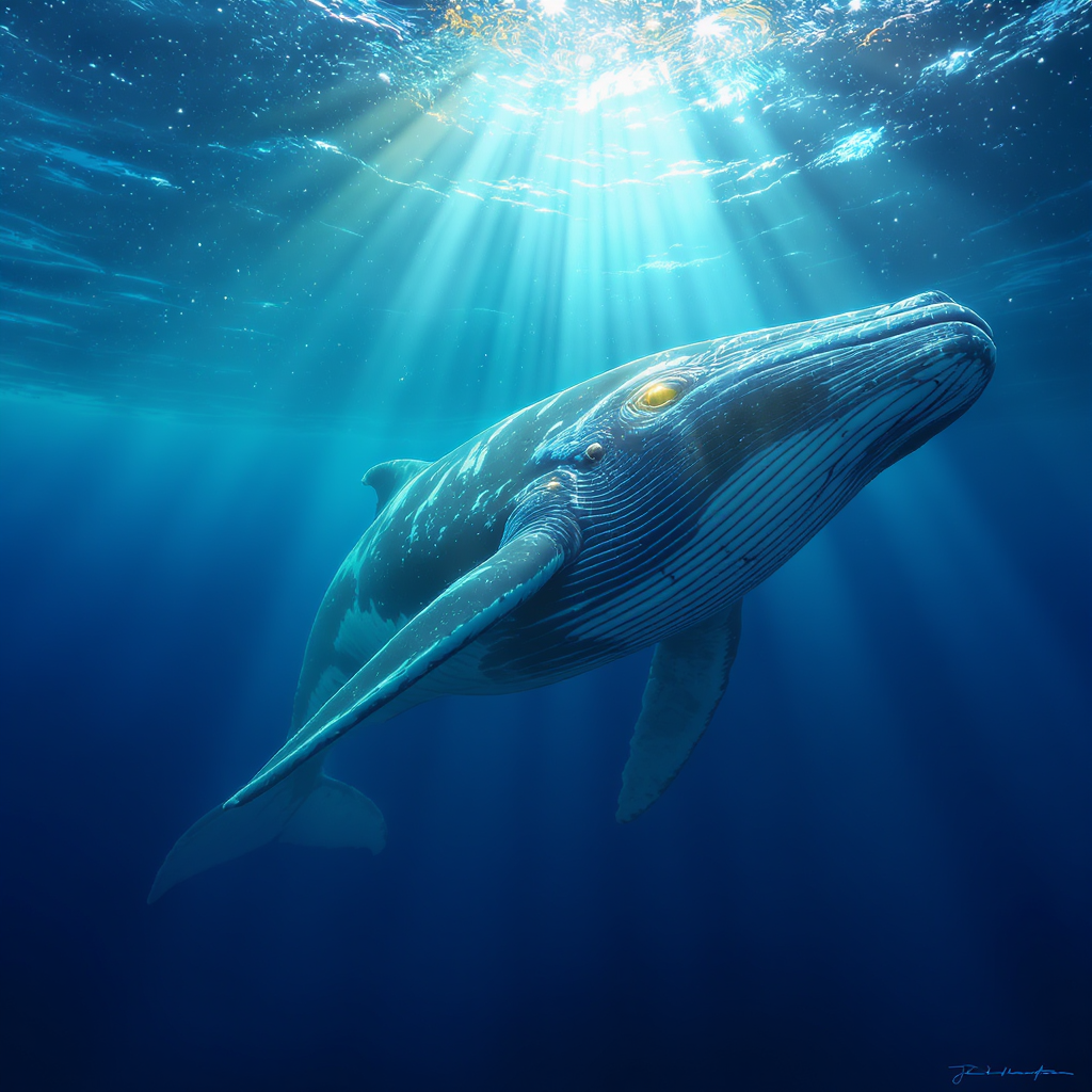 FLUX prompt: A colossal blue whale, with golden eyes of w...