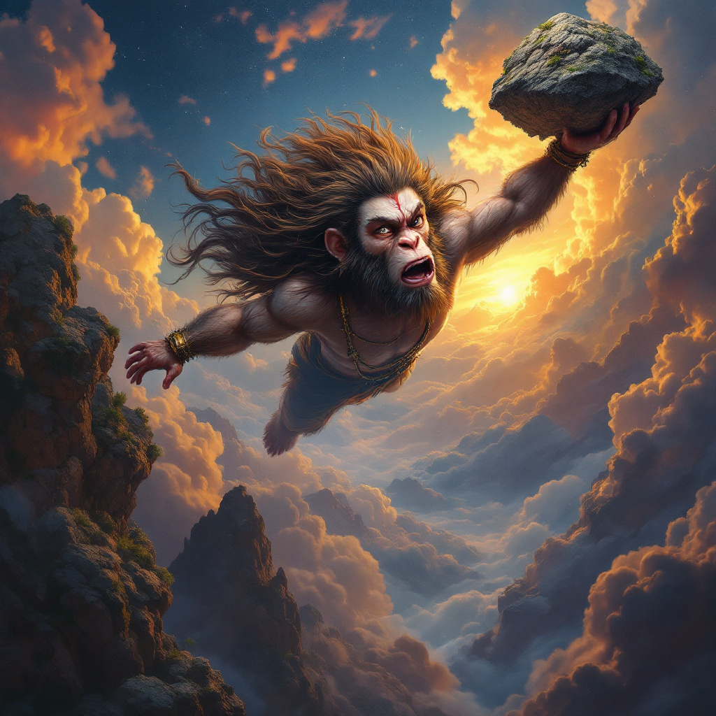 FLUX prompt: Lord Hanuman, the hindu monkey god, flying i...