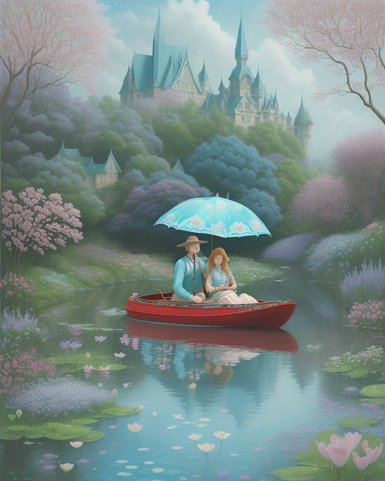 DreamShaper prompt: two lovers on a small paddle boat wit...