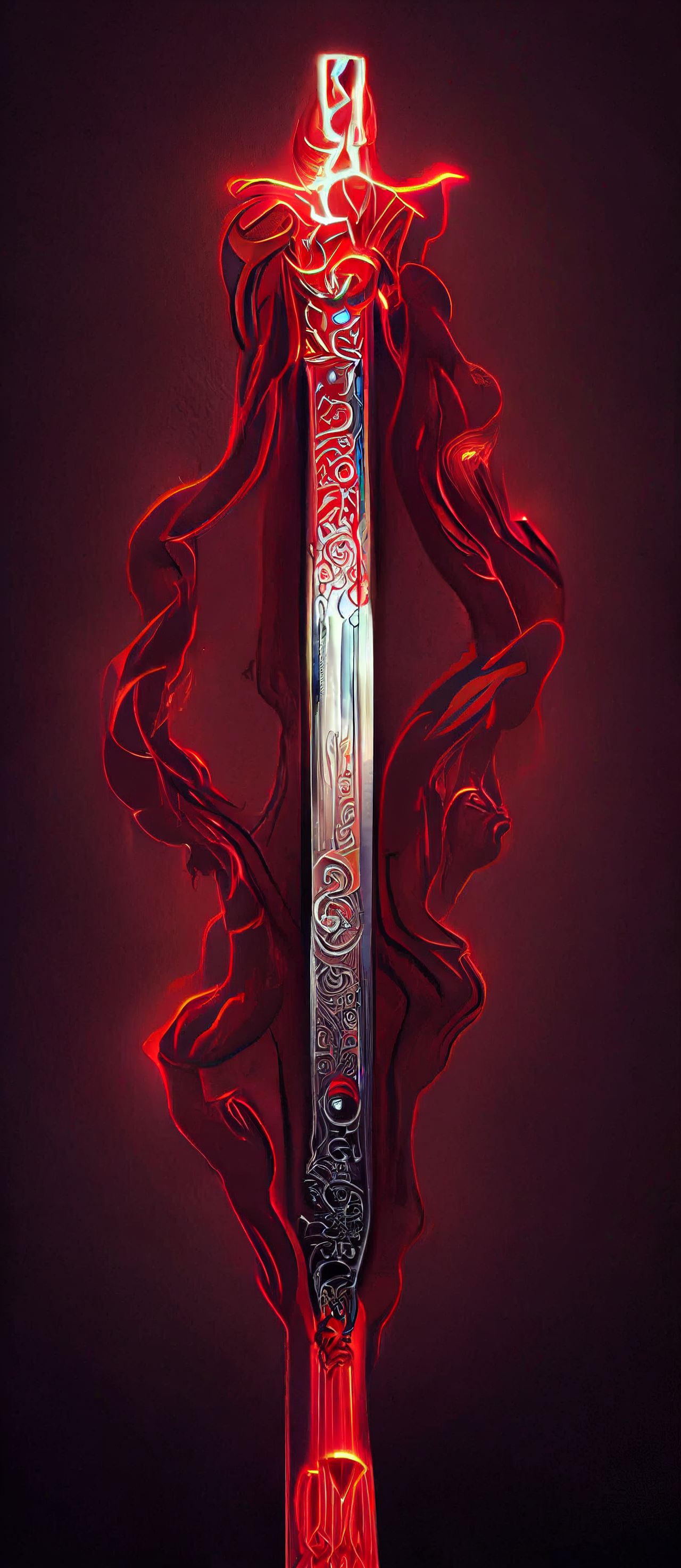 Midjourney prompt: red glowing xiphos sword crackling wit...
