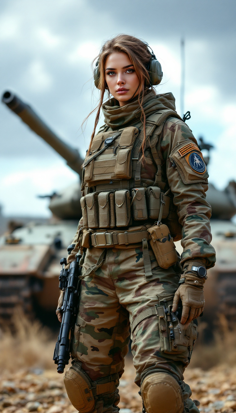 FLUX prompt: nice female soldier standing behind an army ...