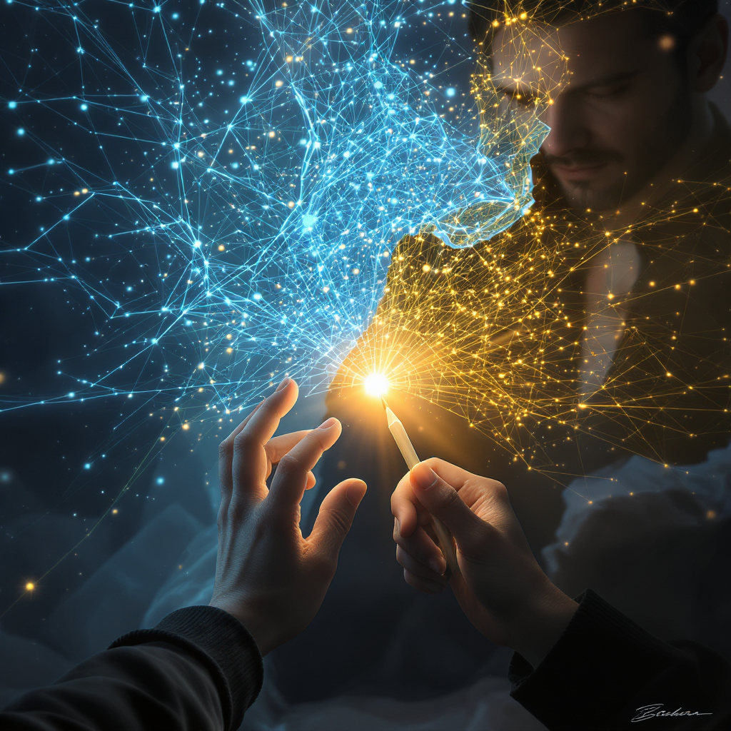 FLUX prompt: Conceptual portrait, a human creator's hands...