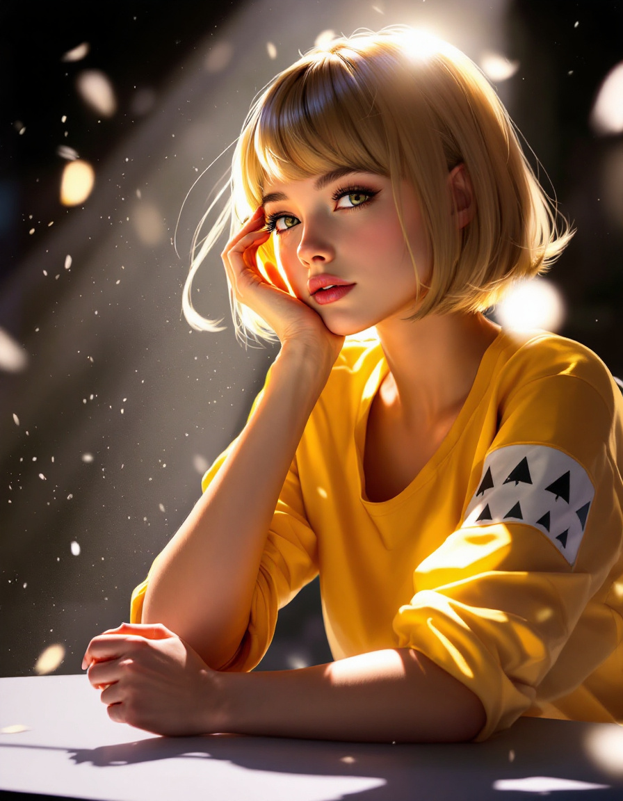 FLUX prompt: blond girl in a yellow shirt is posing, soft...