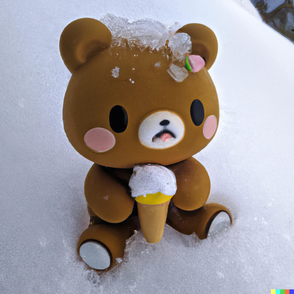 DALL-E prompt: a hyper realistic rilakkuma enjoying an ic...
