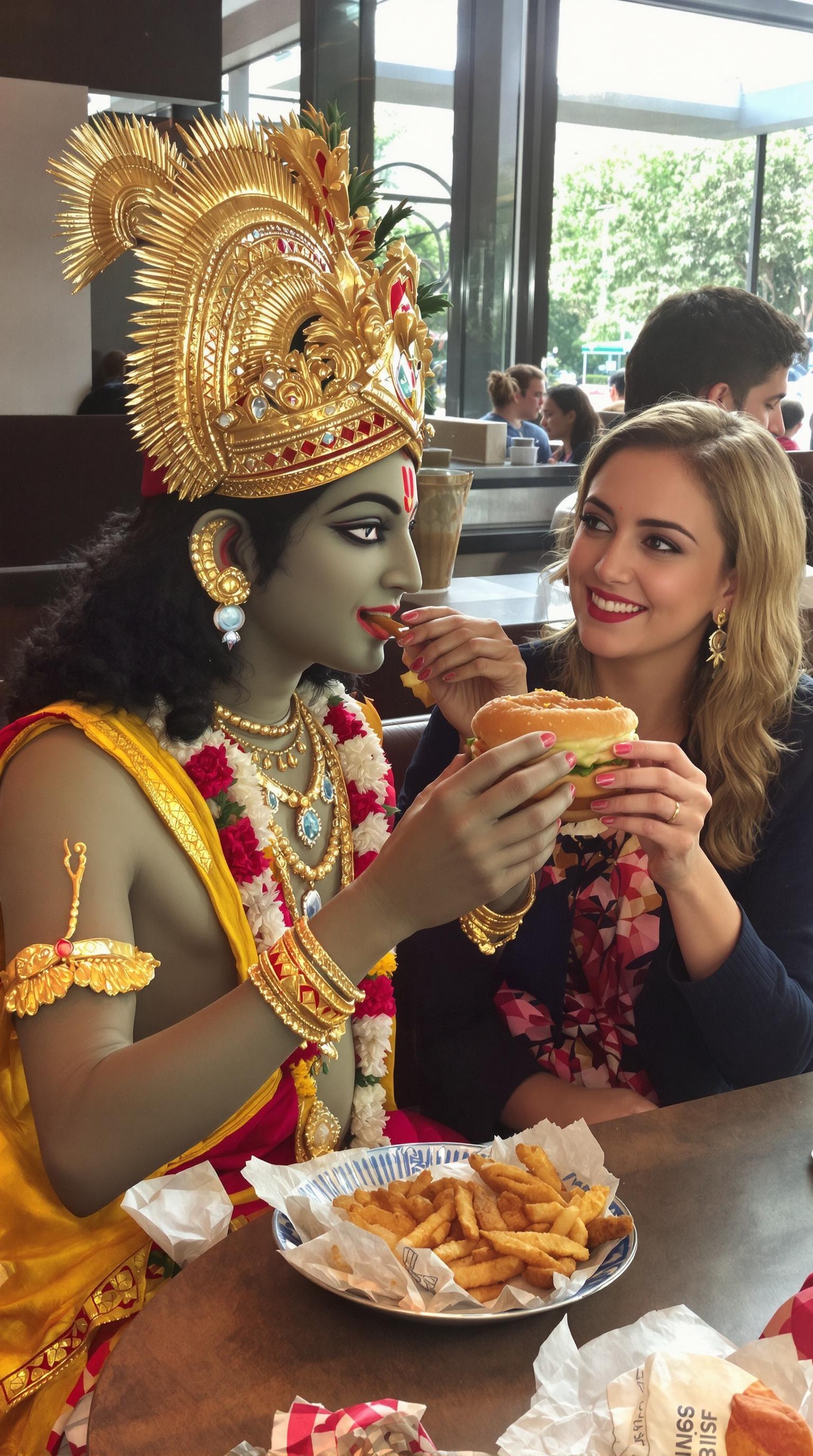 FLUX prompt: Lord Shri Krishna Eating a burger on a date ...