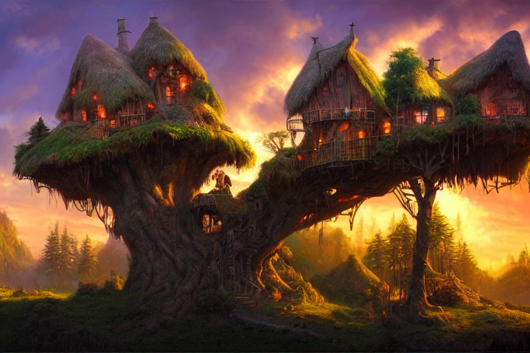 Stable Diffusion prompt: valley, fairytale treehouse vill...