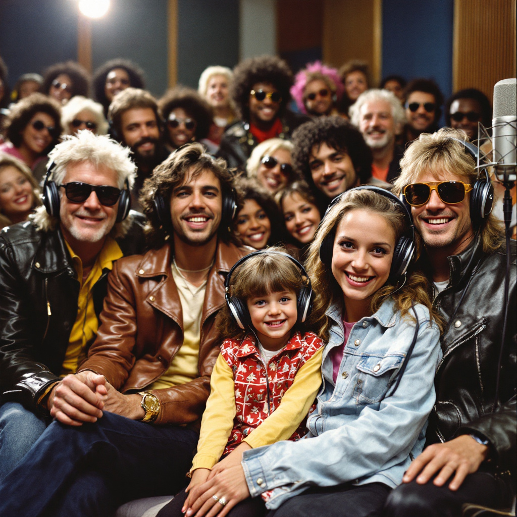 FLUX prompt: A lively 1980s recording studio scene, showi...
