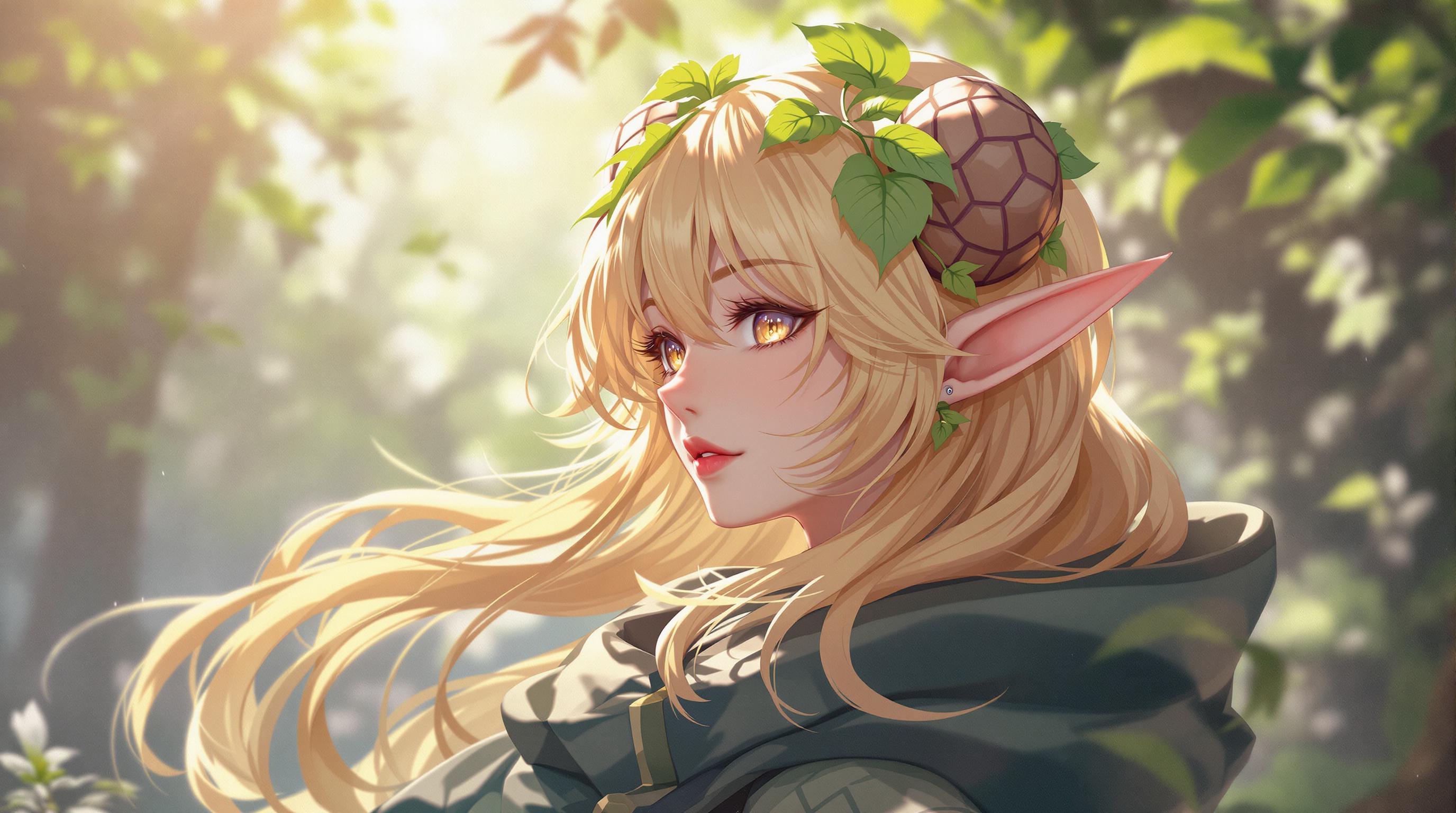 FLUX prompt: blond haired girl with horns and green leave...