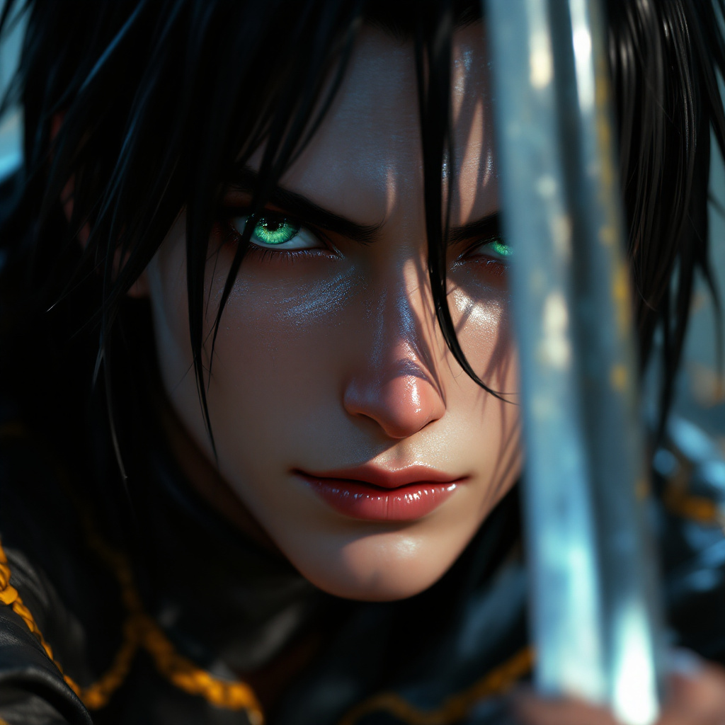 FLUX prompt: a close up of a person with a sword, 3 d ren...