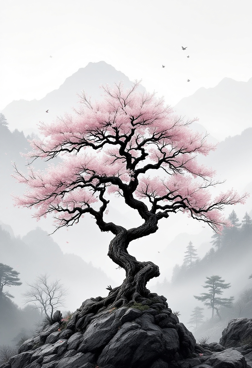 FLUX prompt: Traditional Japanese cherry tree with a natu...