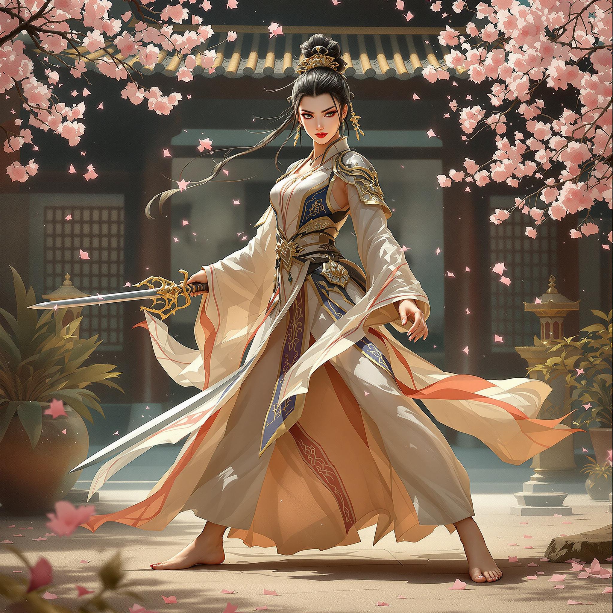 FLUX prompt: Graceful Chinese warrior, Amazon inspiration...