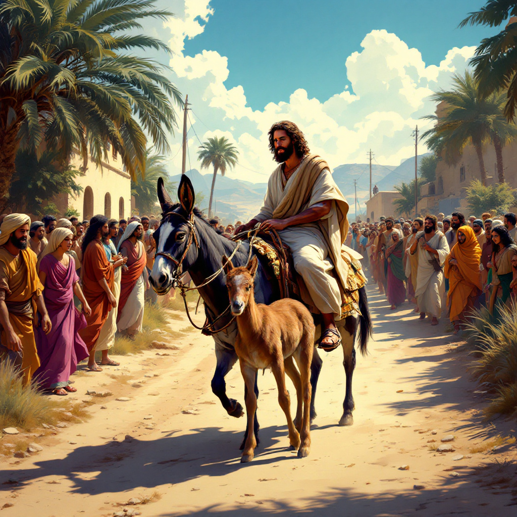 FLUX prompt: a brown jesus riding a donkey with its colt ...