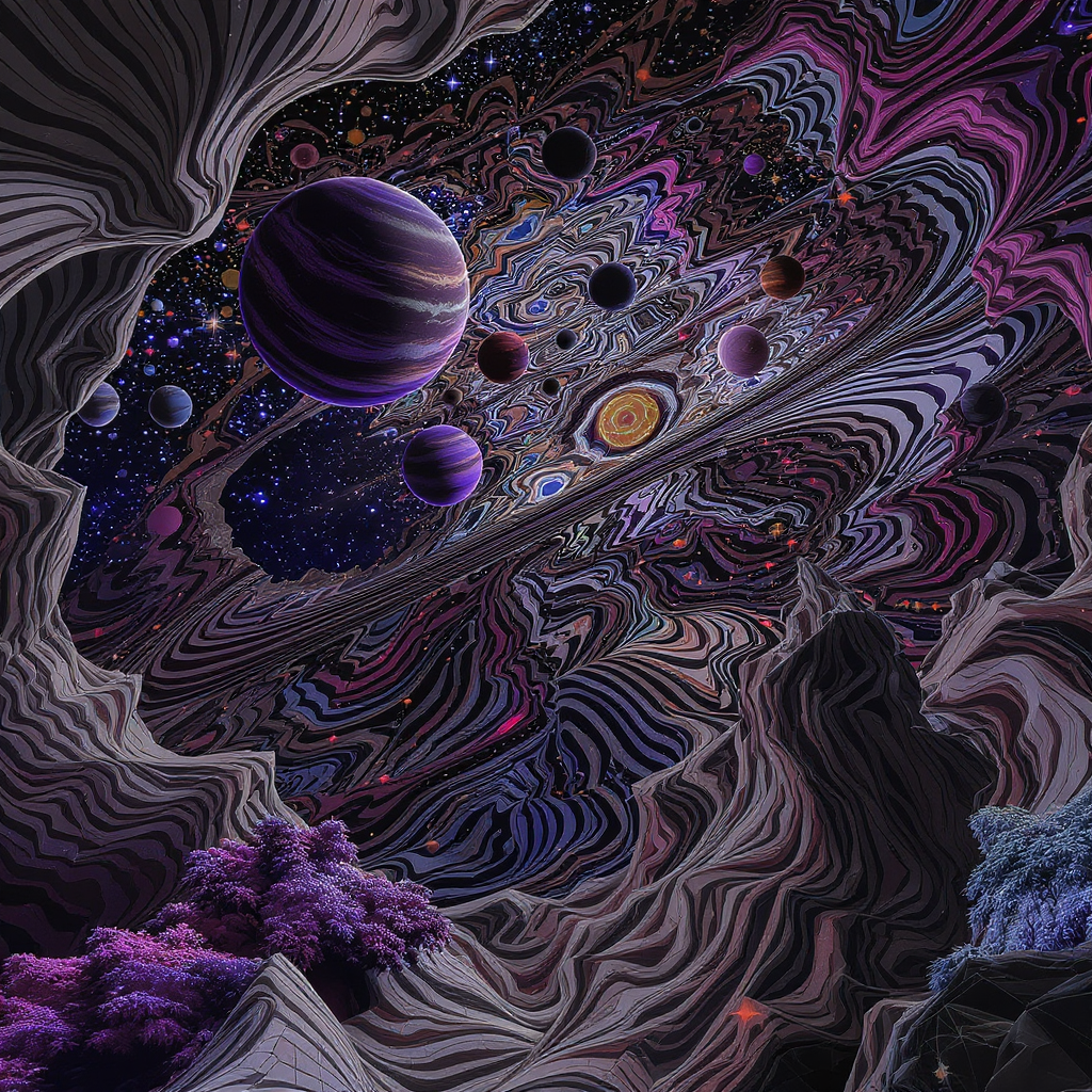 FLUX prompt: Medieval giant space planetarium, 3D op art ...