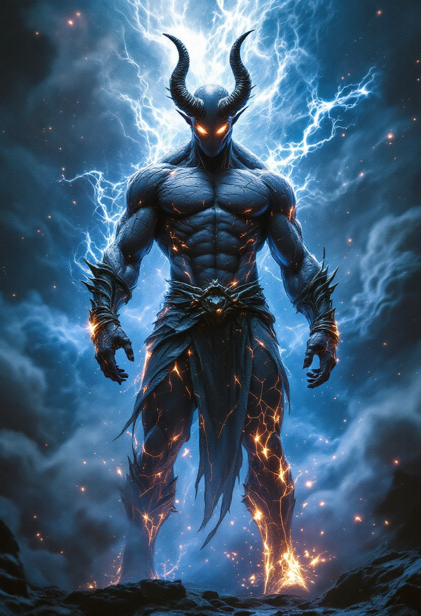 FLUX prompt: God of Storm, full-body, No Hair or mouth, f...