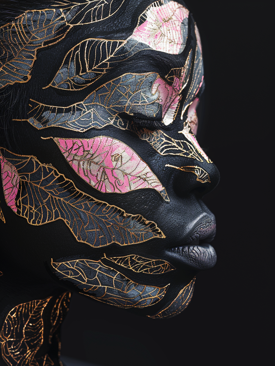 Midjourney prompt: portrait of a woman, body art, black,