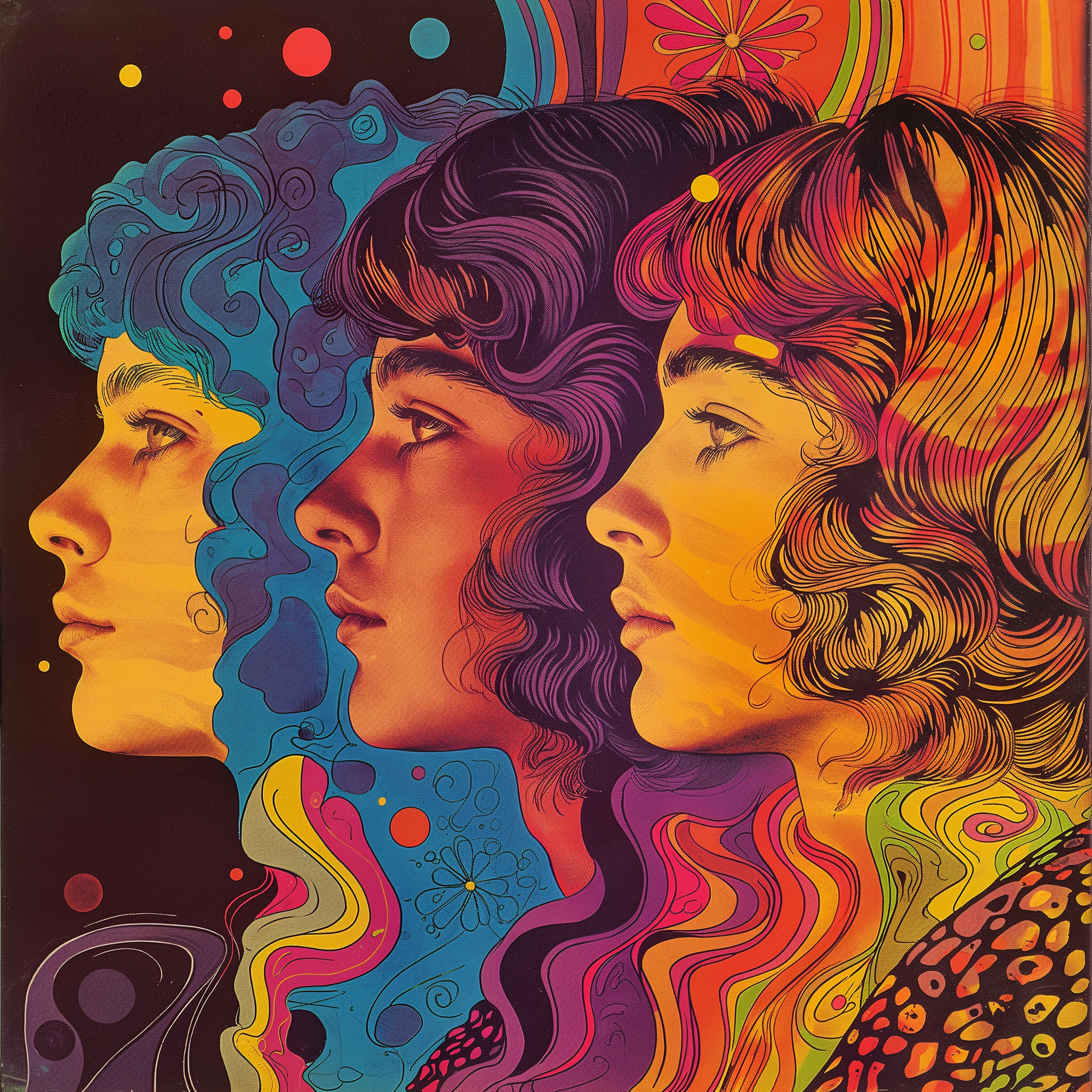 Midjourney prompt: 1970's rock band, album cover art, psy...