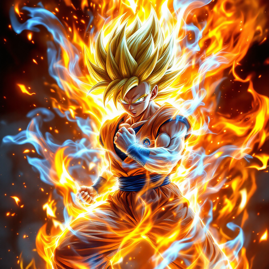 FLUX prompt: Dragonball Z trunks transforms into Super Sa...