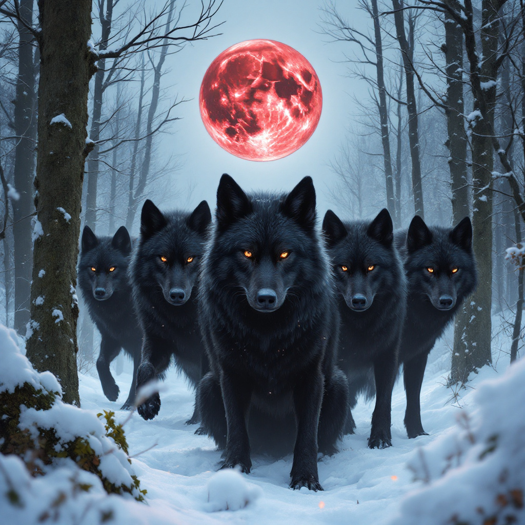 FLUX prompt: Five black wolves in a snowy forest, their g...