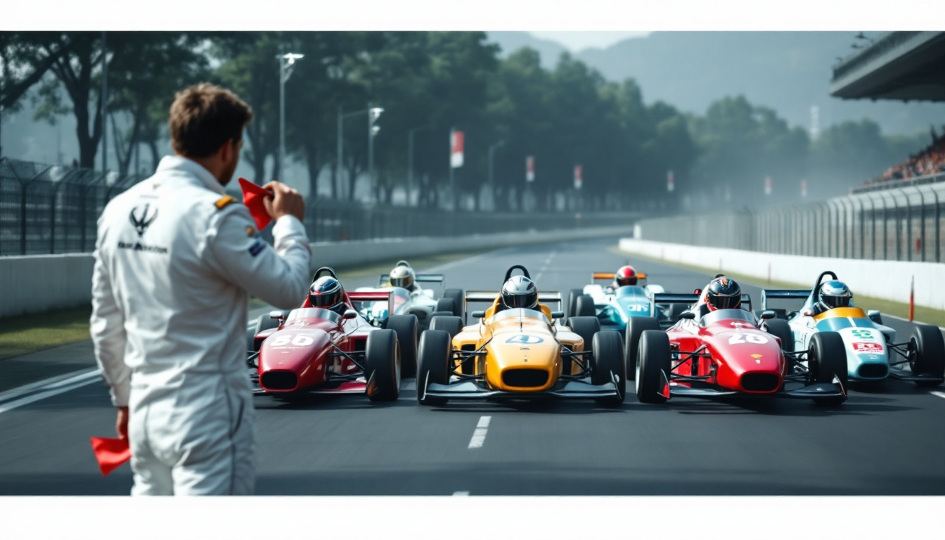 FLUX prompt: At the starting line there are 5 racing car...