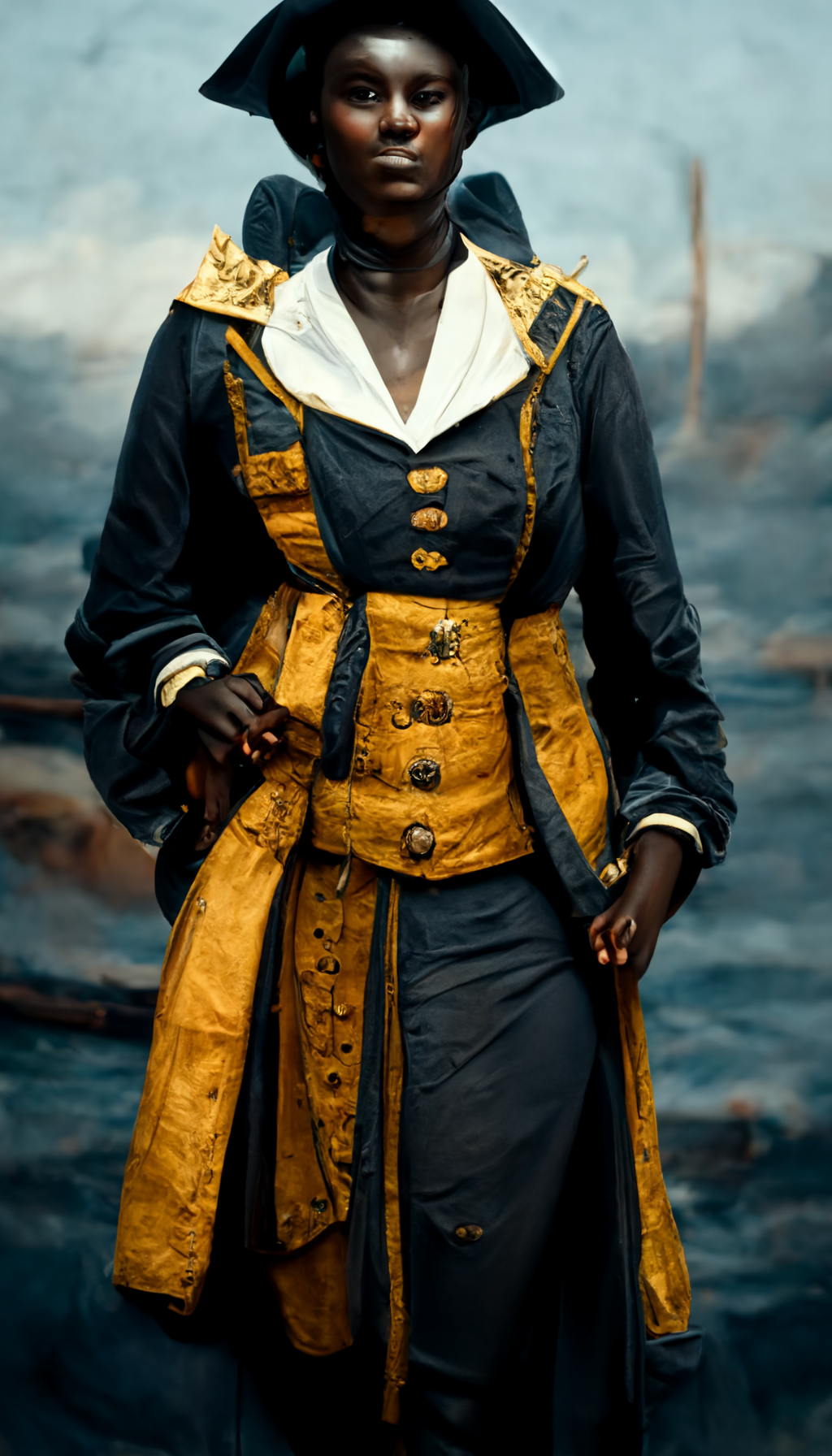 Midjourney prompt: 1600's female ship captain on deck, fu...
