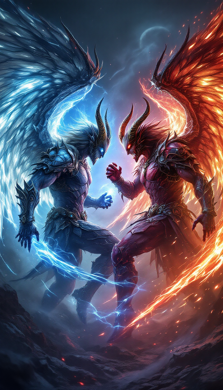 FLUX prompt: Epic Fight between one angel and one demon,