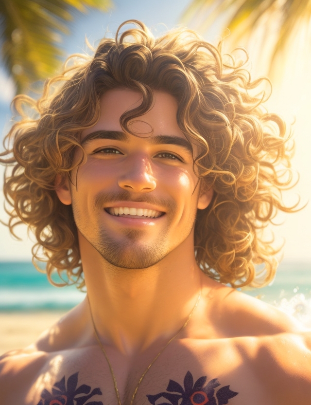 DreamShaper prompt: beach buff guy, with wavy hair, looki...